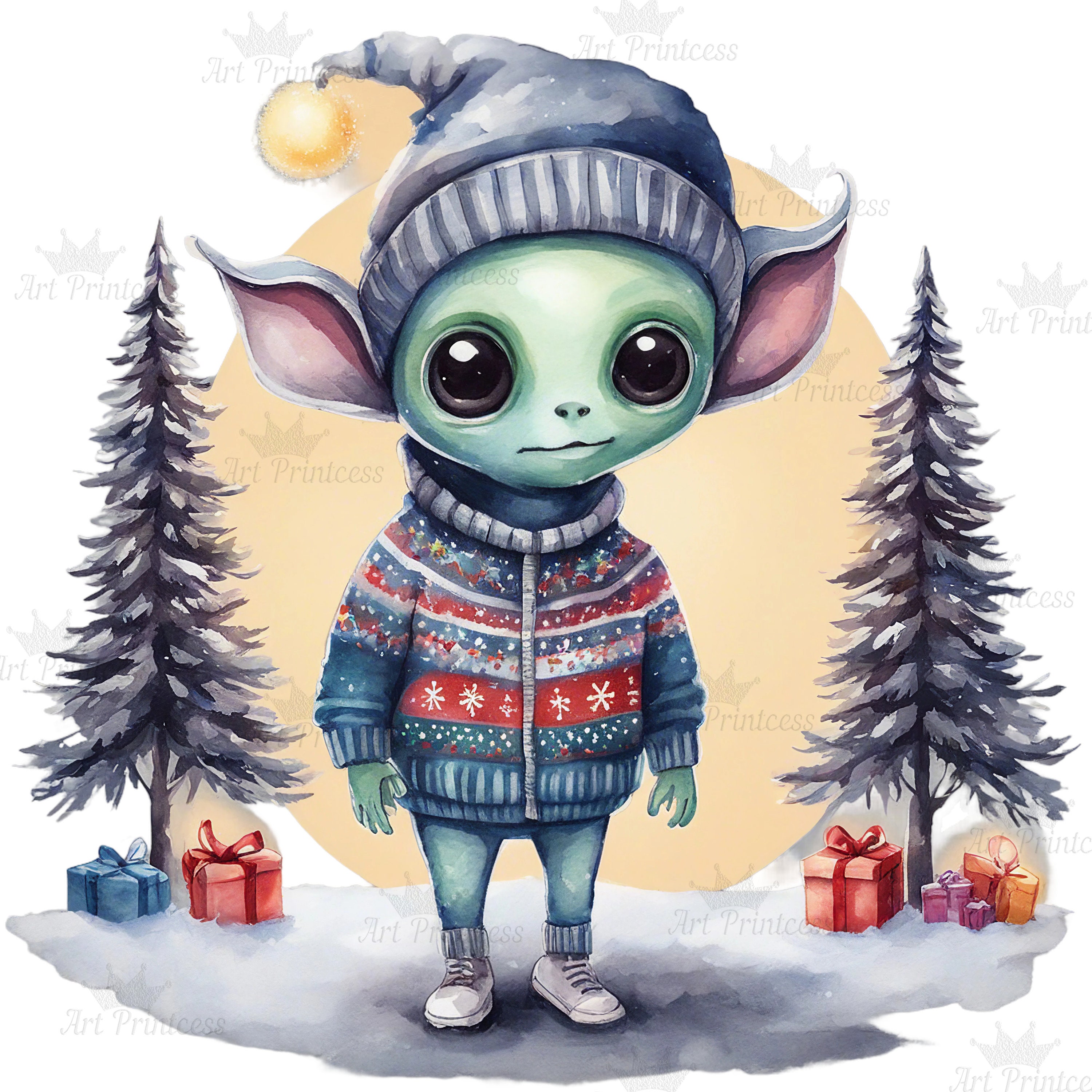 Christmas Aliens Watercolor Clipart PNG Festive Aliens Graphics Holiday ...