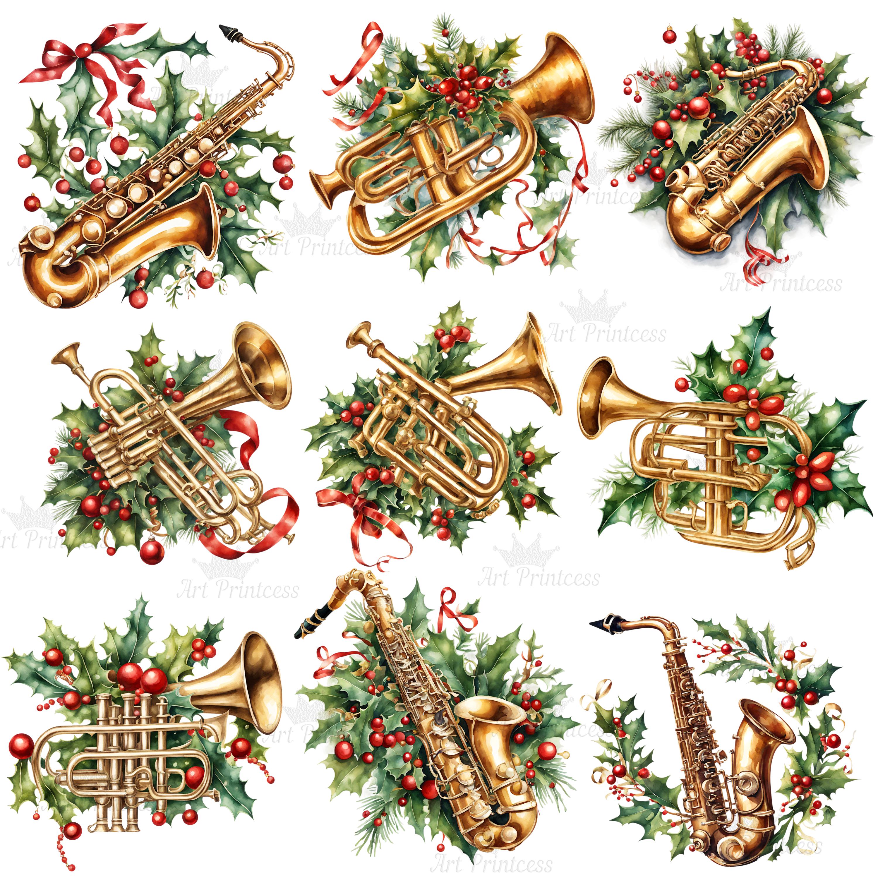 Christmas Musical Orchestra Instruments Watercolor Clipart PNG Festive ...