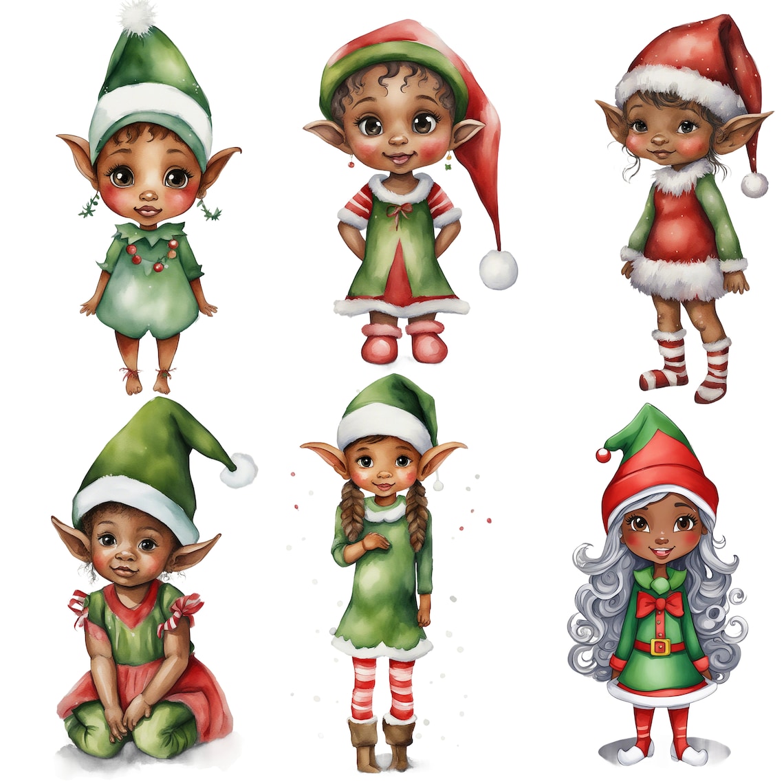 Afro American Elf Clipart PNG Dark Skin Christmas Elves Digital ...