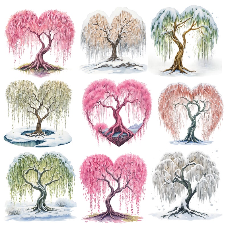Weeping Willow Tree Heart Shaped Watercolor Clipart PNG Bundle Romantic ...