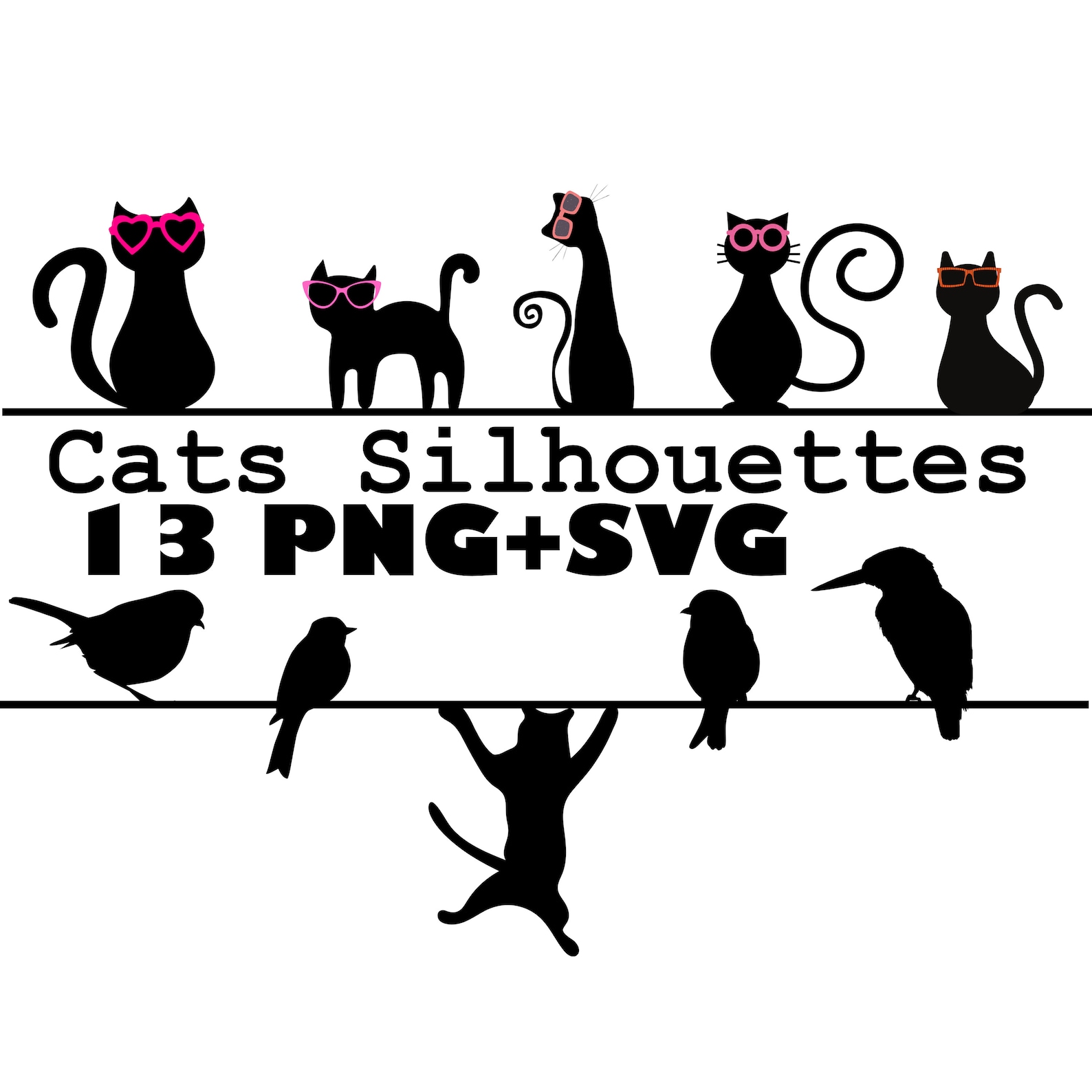Trendy Cats on Washing Line Silhouette Clipart PNG SVG Bundle Funny Cat ...