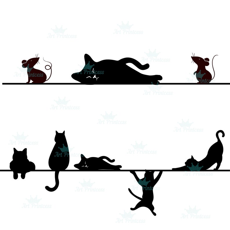Trendy Cats on Washing Line Silhouette Clipart PNG SVG Bundle Funny Cat ...