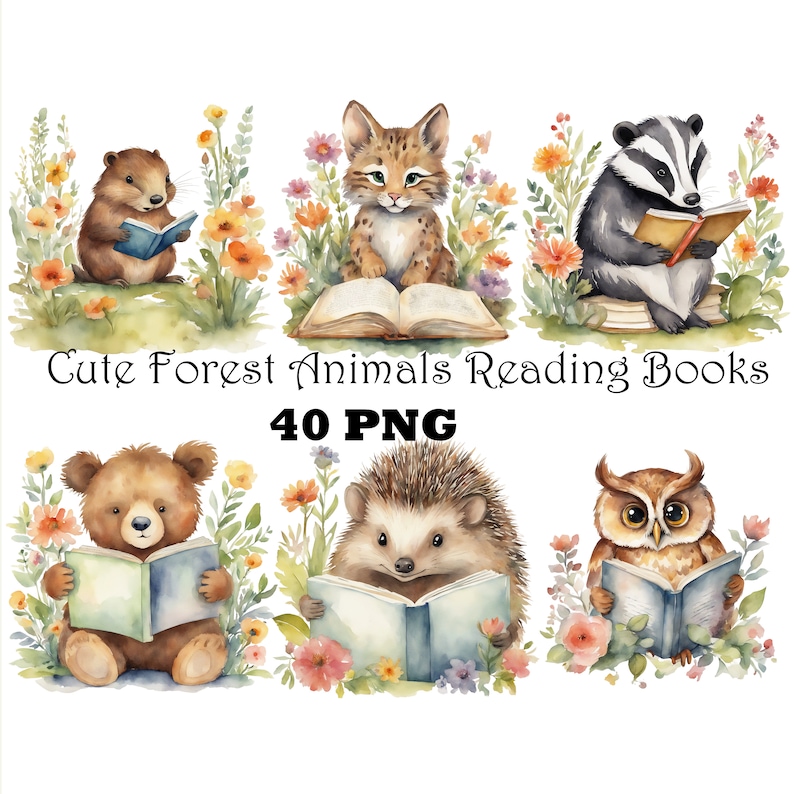 Cute Forest Animals Reading Books Watercolor Clipart Bundle Printable ...