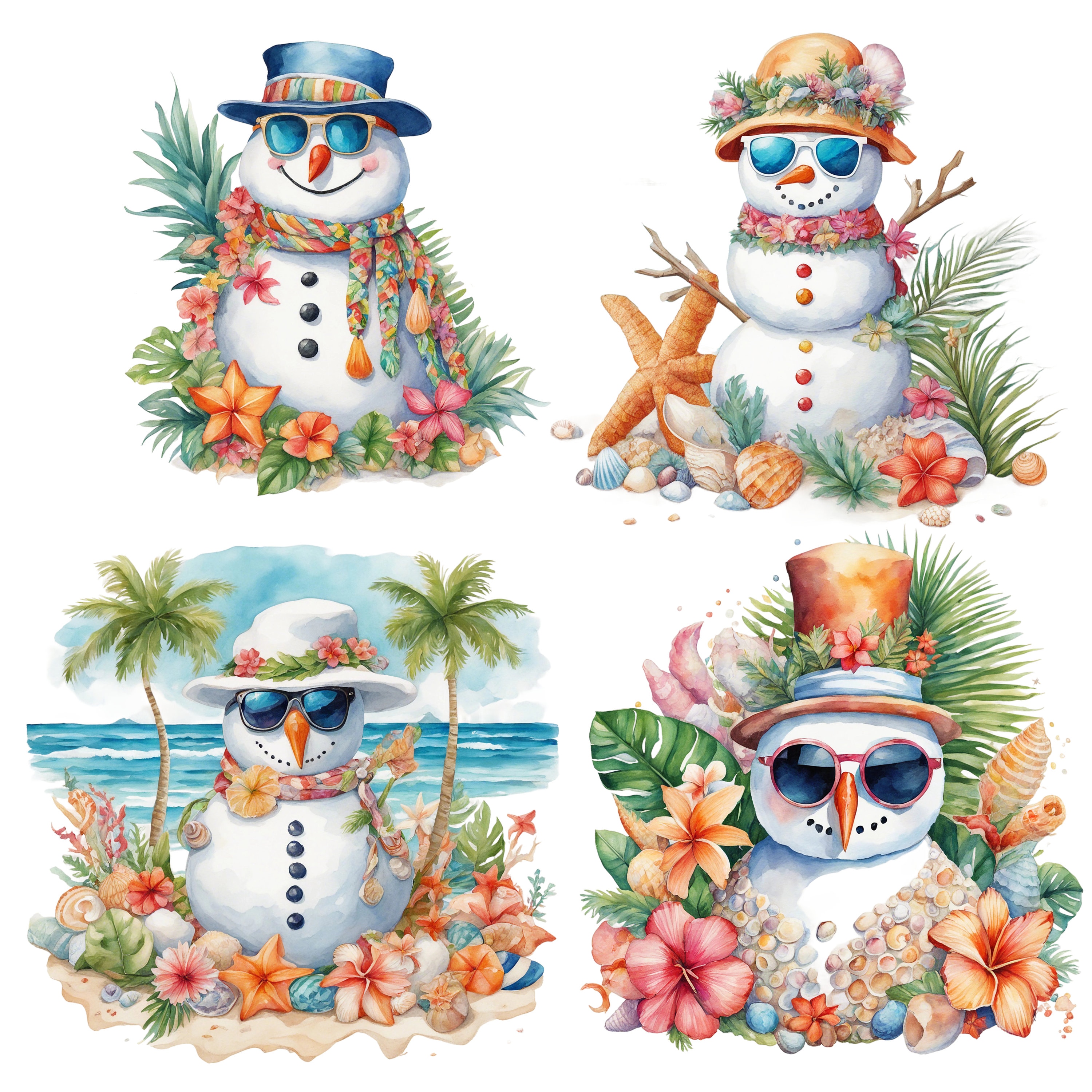 Coastal Tropical Watercolor Snowman Clipart PNG Tropical Winter ...