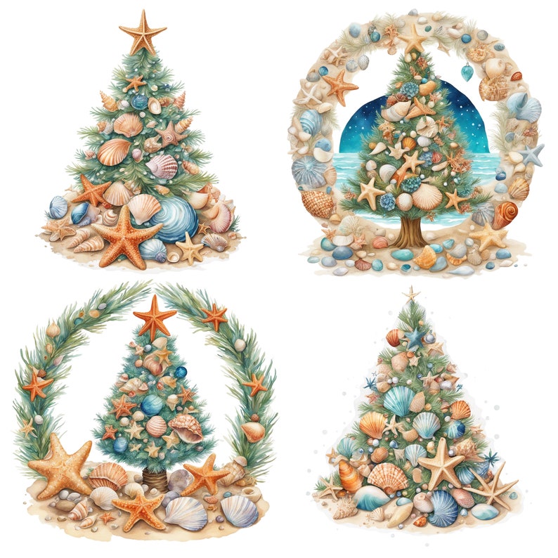 Coastal Christmas Tree Watercolor Clipart PNG Beach Christmas Tree ...