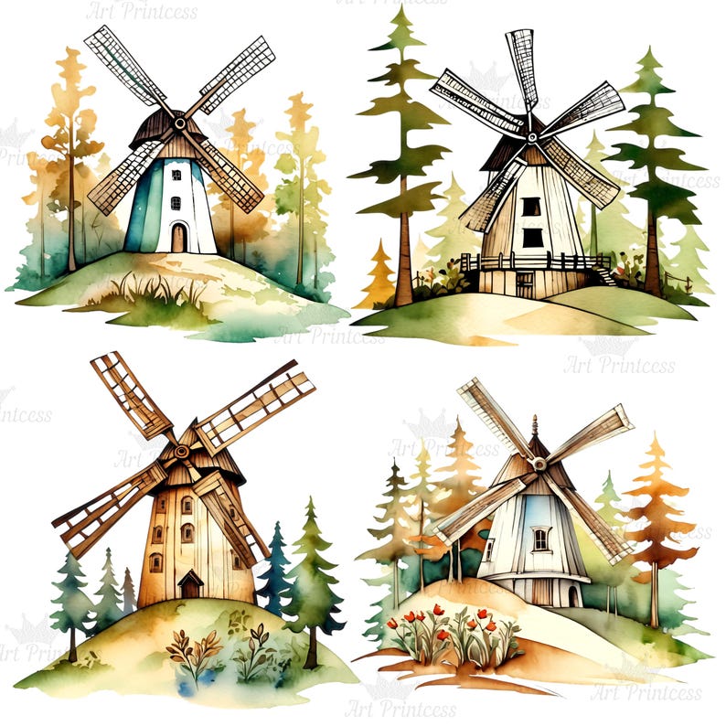 Watercolor Windmill PNG Clipart Bundle Digital Download Rustic ...