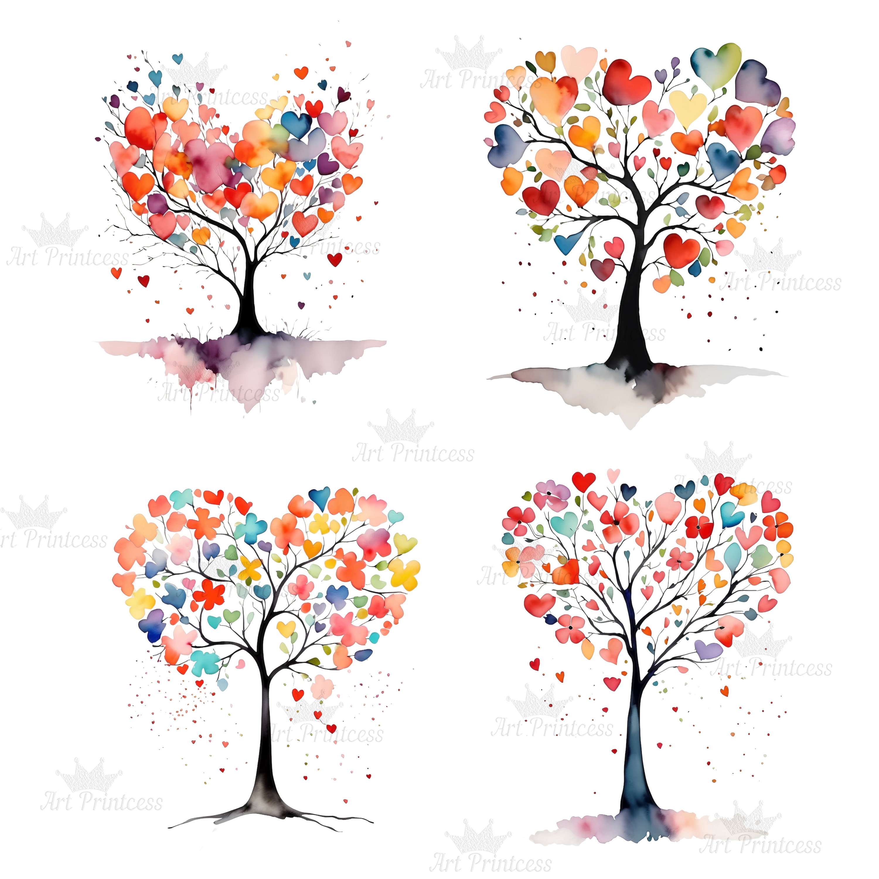 Watercolor Hand Painted Floral Tree Clipart PNG Heart Shaped Colorful ...