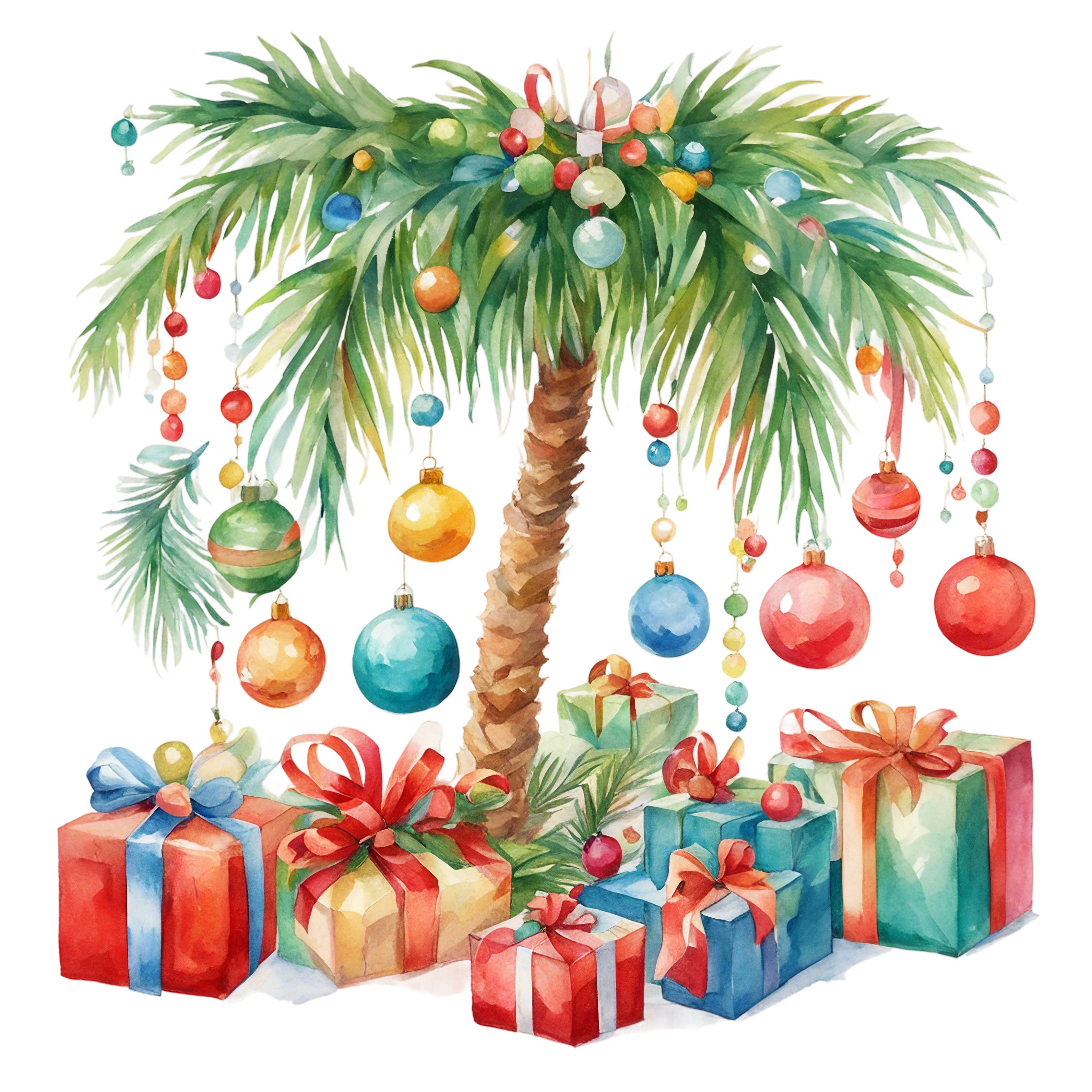 Tropical Christmas Watercolor Palm Tree Clipart PNG Palm Tree Beach ...