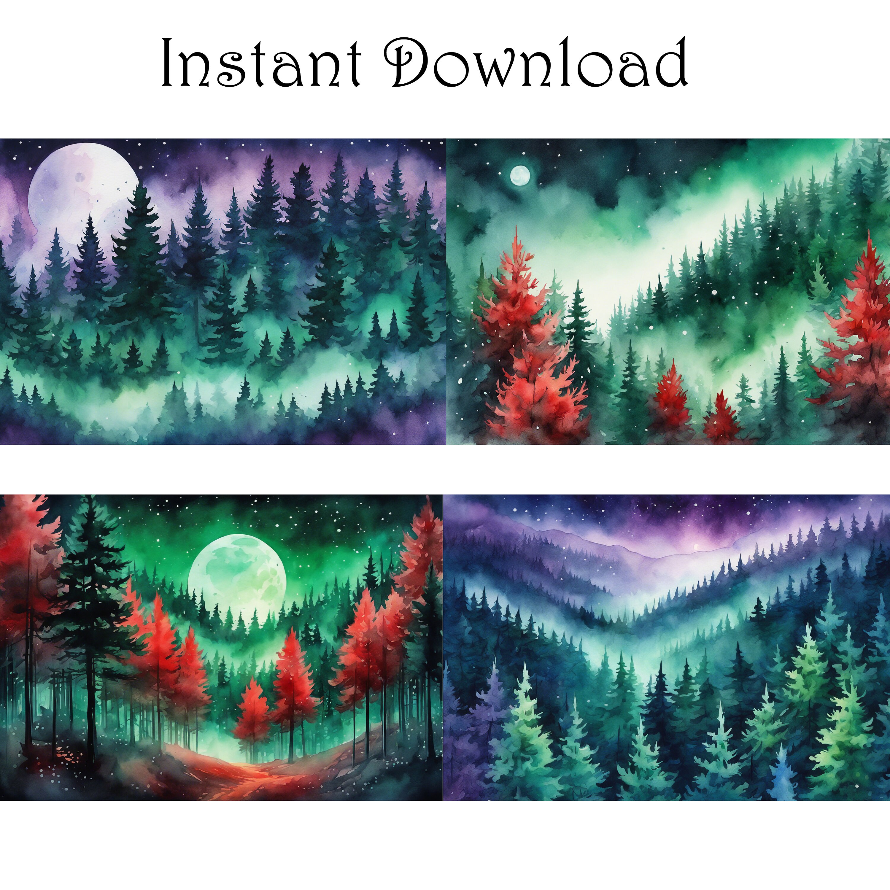 Forest at Night Watercolor Clipart Forest at Moonlight Whimsical ...