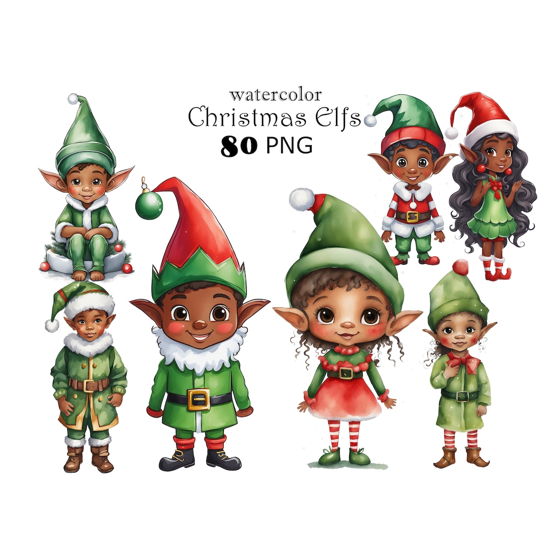 Afro American Elf Clipart PNG Dark Skin Christmas Elves Digital ...