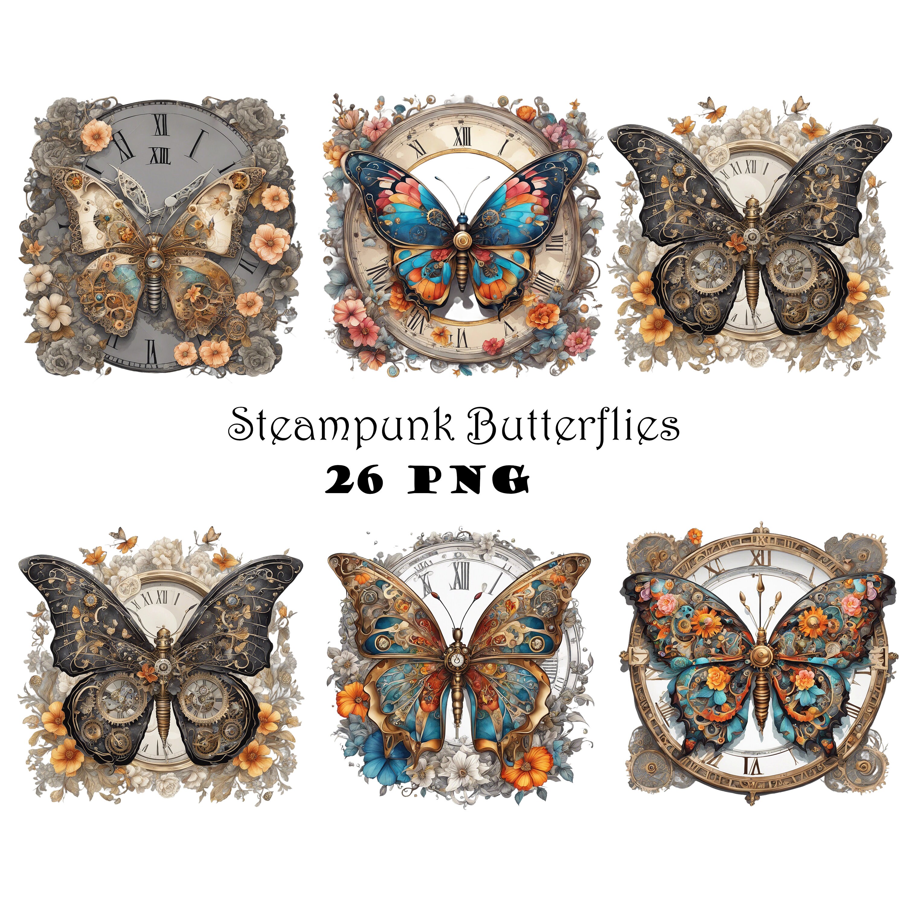 Steampunk Watercolor Butterfly Clipart PNG Floral Victorian Watercolor ...