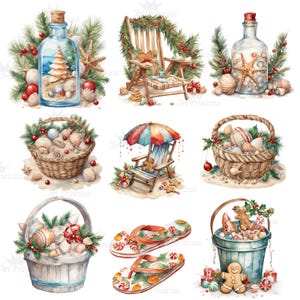 Beach Christmas Coastal Watercolor Clipart Bundle Nautical Christmas ...