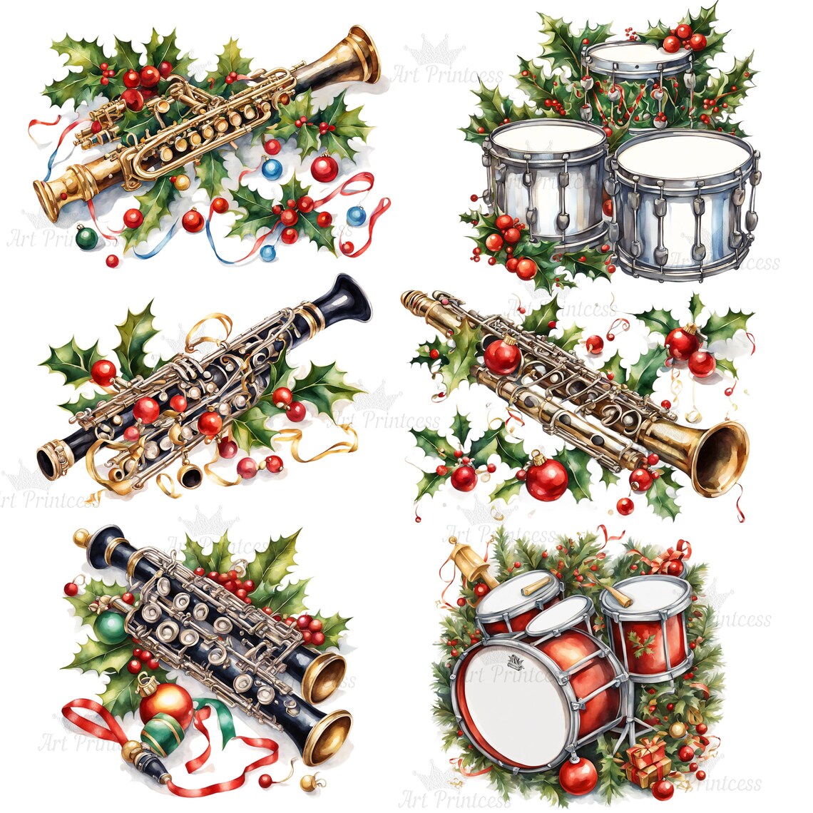Christmas Musical Orchestra Instruments Watercolor Clipart PNG Festive ...