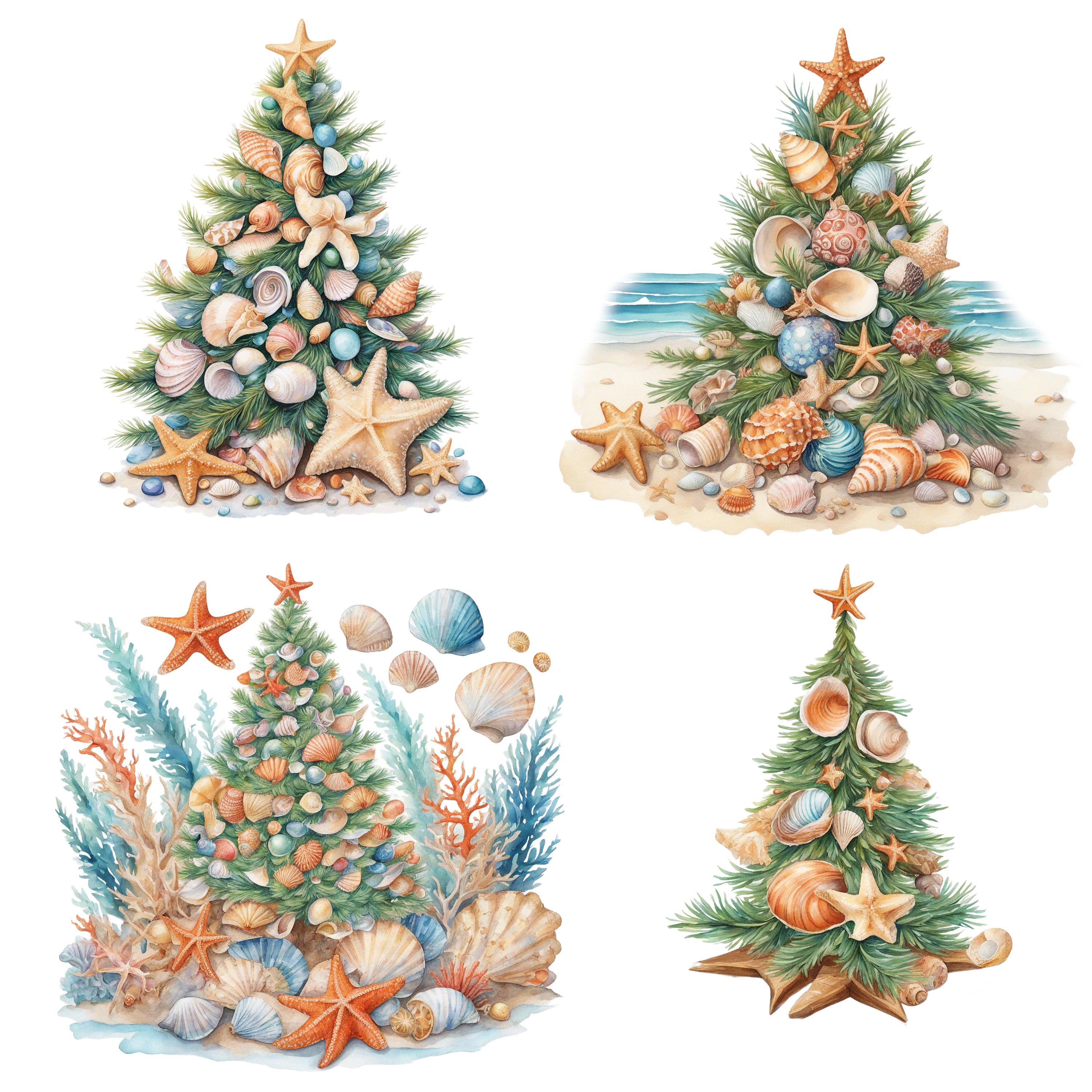 Coastal Christmas Tree Watercolor Clipart PNG Beach Christmas Tree ...