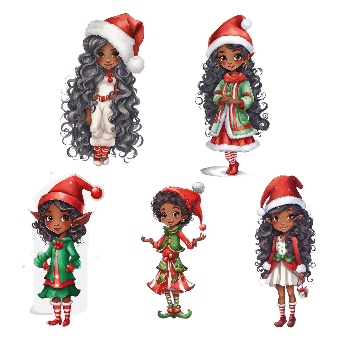 Afro American Elf Clipart PNG Dark Skin Christmas Elves Digital ...