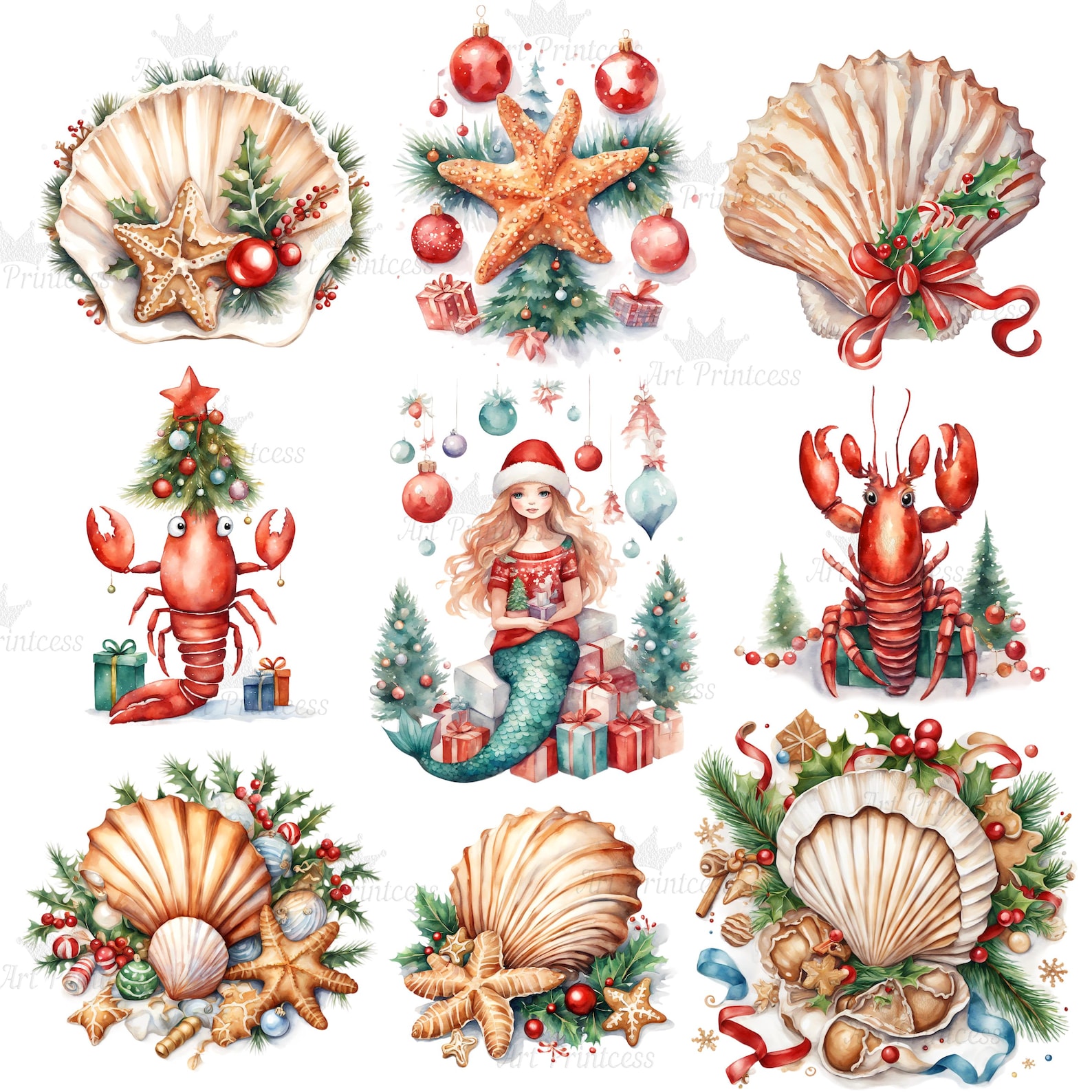 Beach Christmas Coastal Watercolor Clipart Bundle Nautical Christmas ...