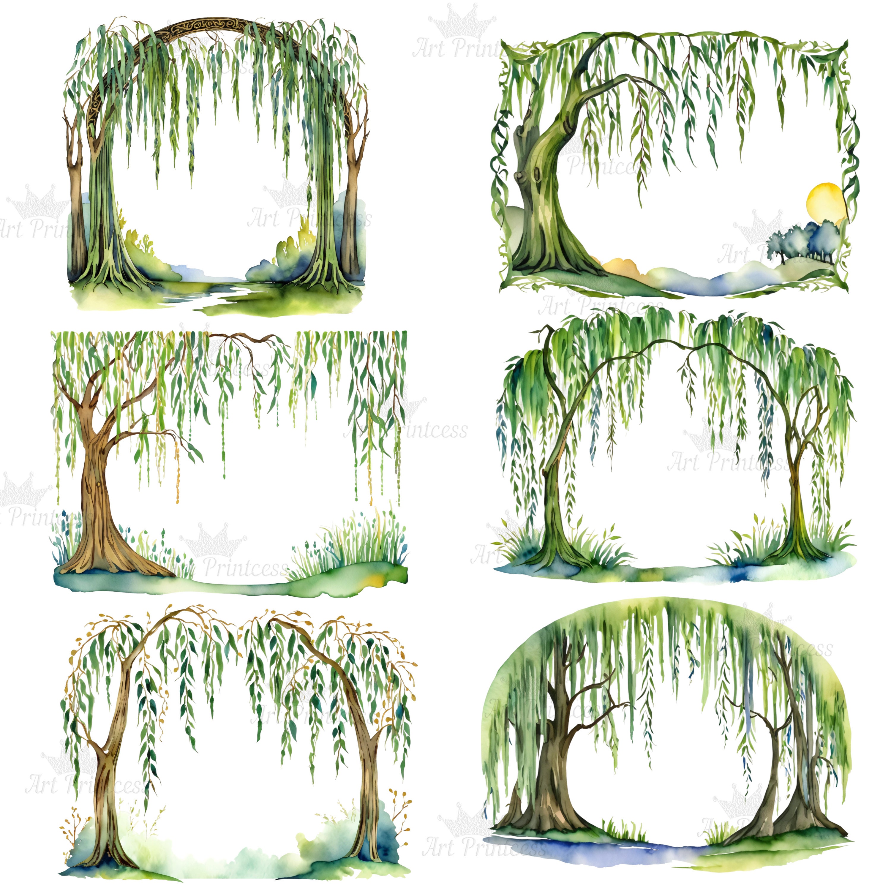 Weeping Willow Tree Border Frame Transparent Background Clipart Bundle ...