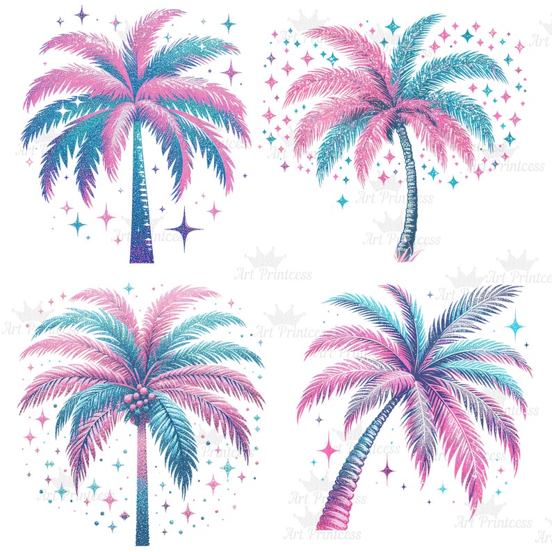 Preppy Palm Tree Glitter Clipart PNG Pastel Tropical Palm Tree Graphics ...
