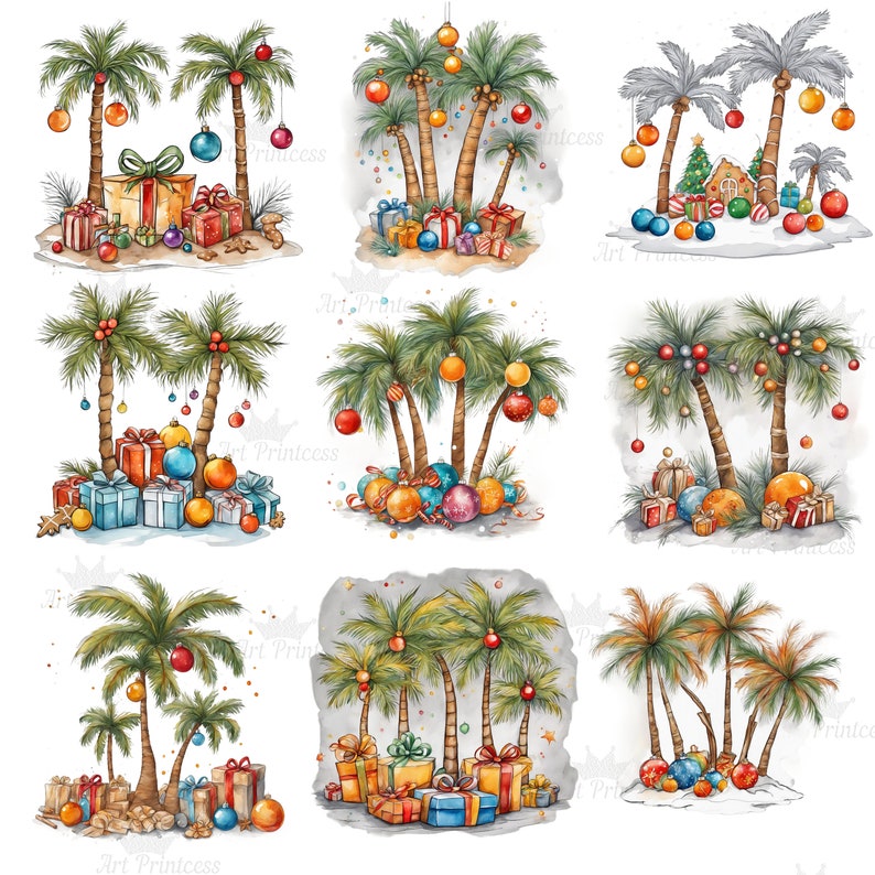 Tropical Christmas Watercolor Palm Tree Clipart PNG Palm Tree Beach ...