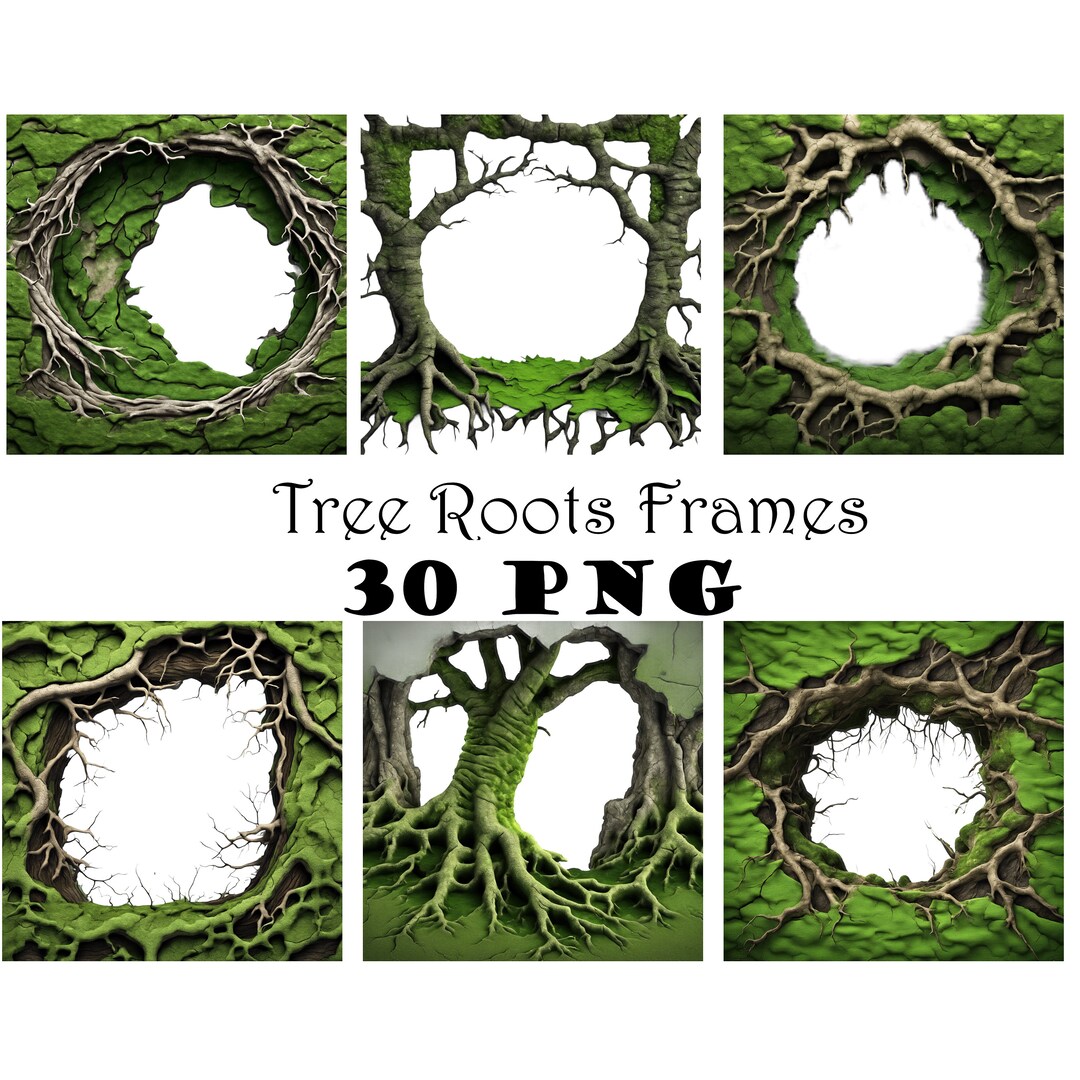 Forest Trees Roots Whimsical Moss Green 3D Digital Border Frames PNG ...