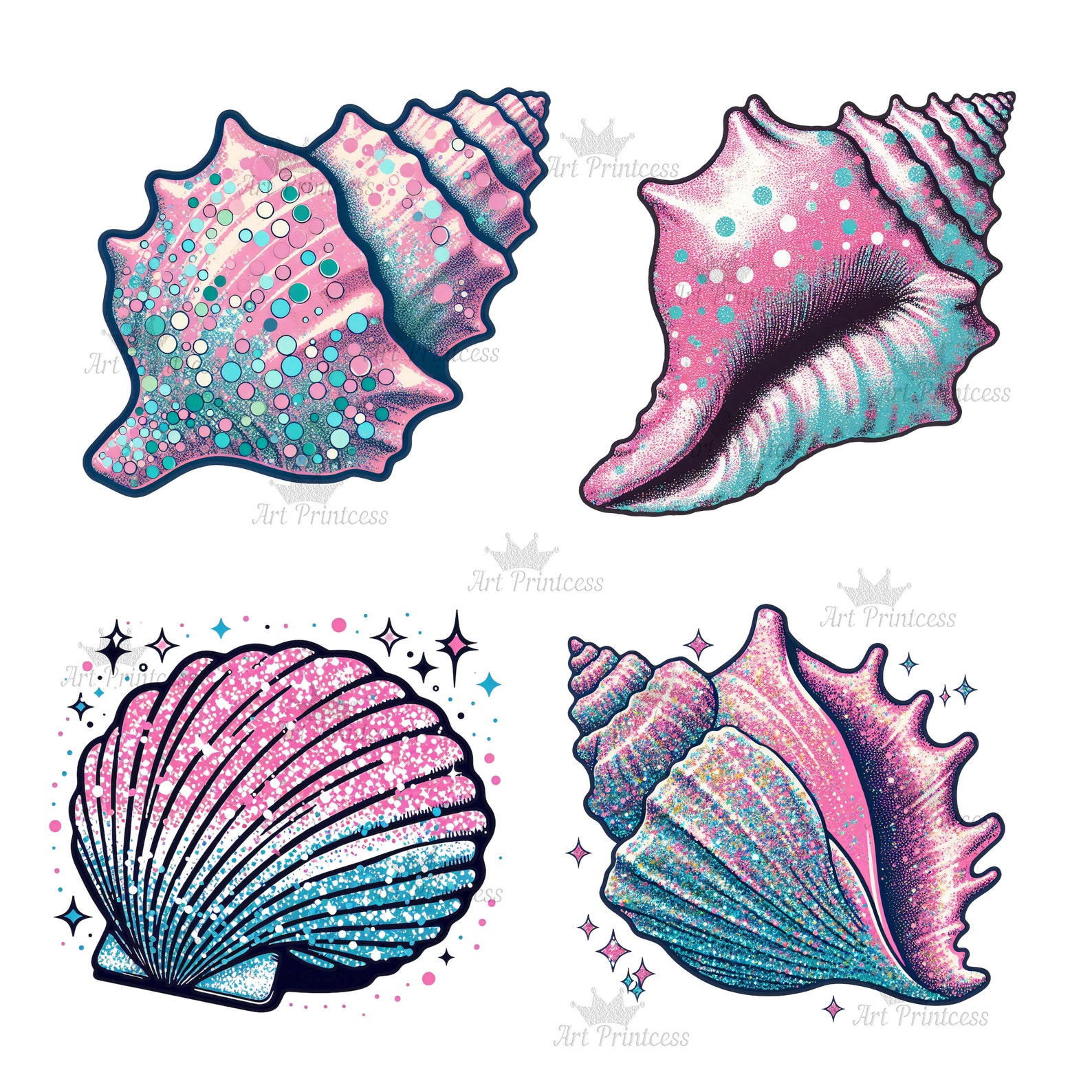Preppy Seashell Watercolor Clipart PNG Pastel Tropical Glitter Seashell ...