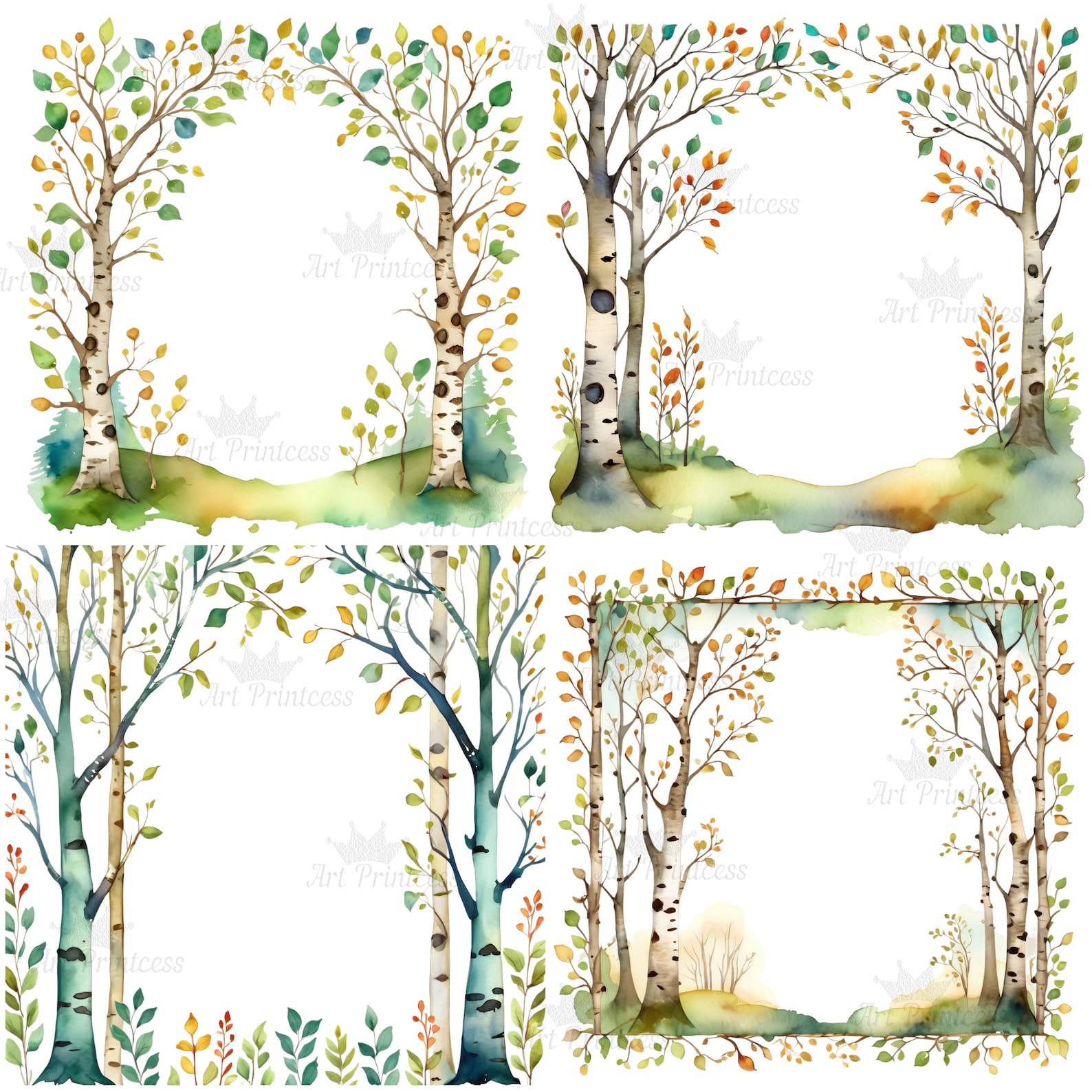 Watercolor Birch Tree Border Frames Clipart Birch Tree Borders Transparent Background Birch Tree ...