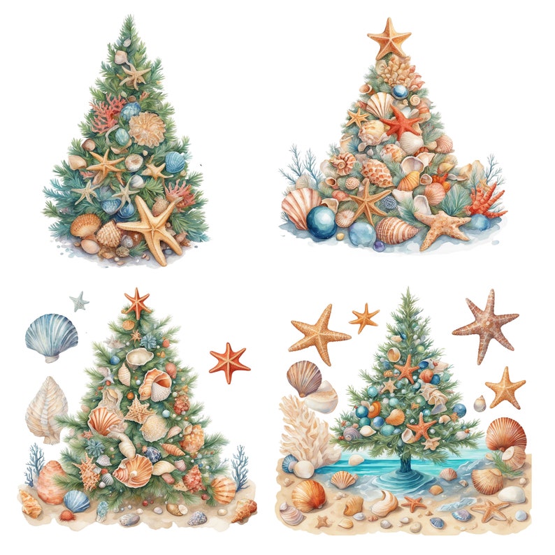 Coastal Christmas Tree Watercolor Clipart PNG Beach Christmas Tree ...