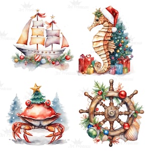 Beach Christmas Coastal Watercolor Clipart Bundle Nautical Christmas ...