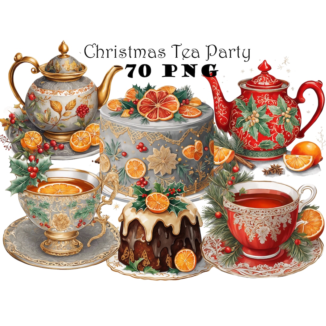Christmas Tea Party Watercolor Clipart PNG Bundle Tea Pot Clipart Tea ...