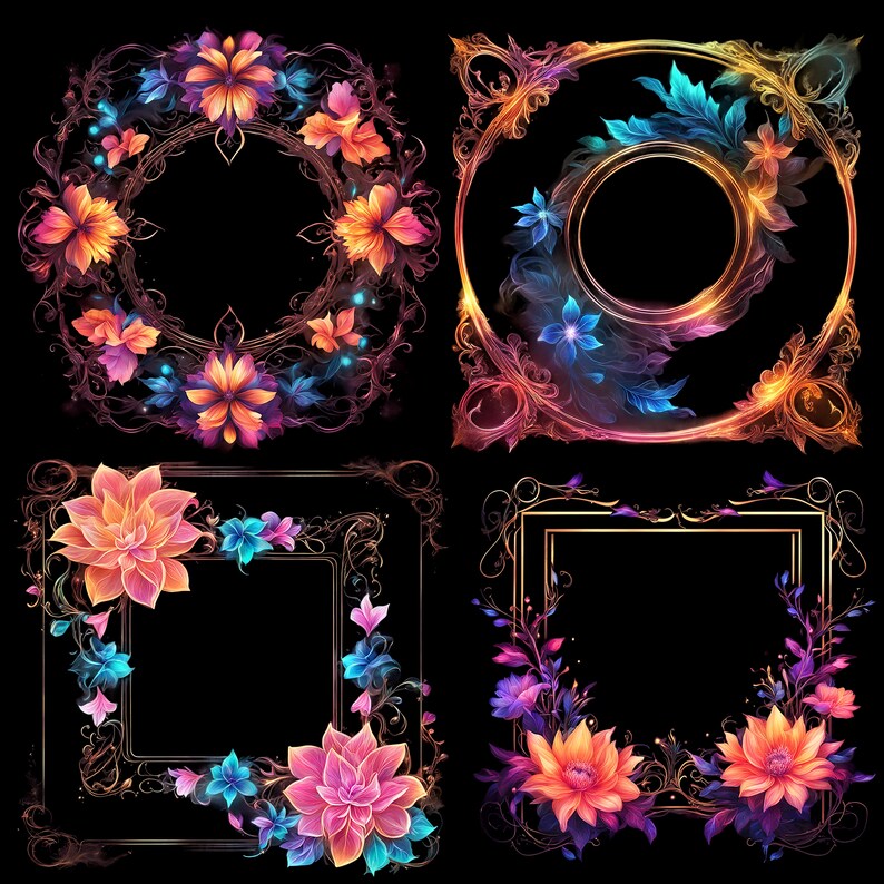 Neon Floral Frames Clipart PNG Neon Elements Clipart Glowing Neon ...