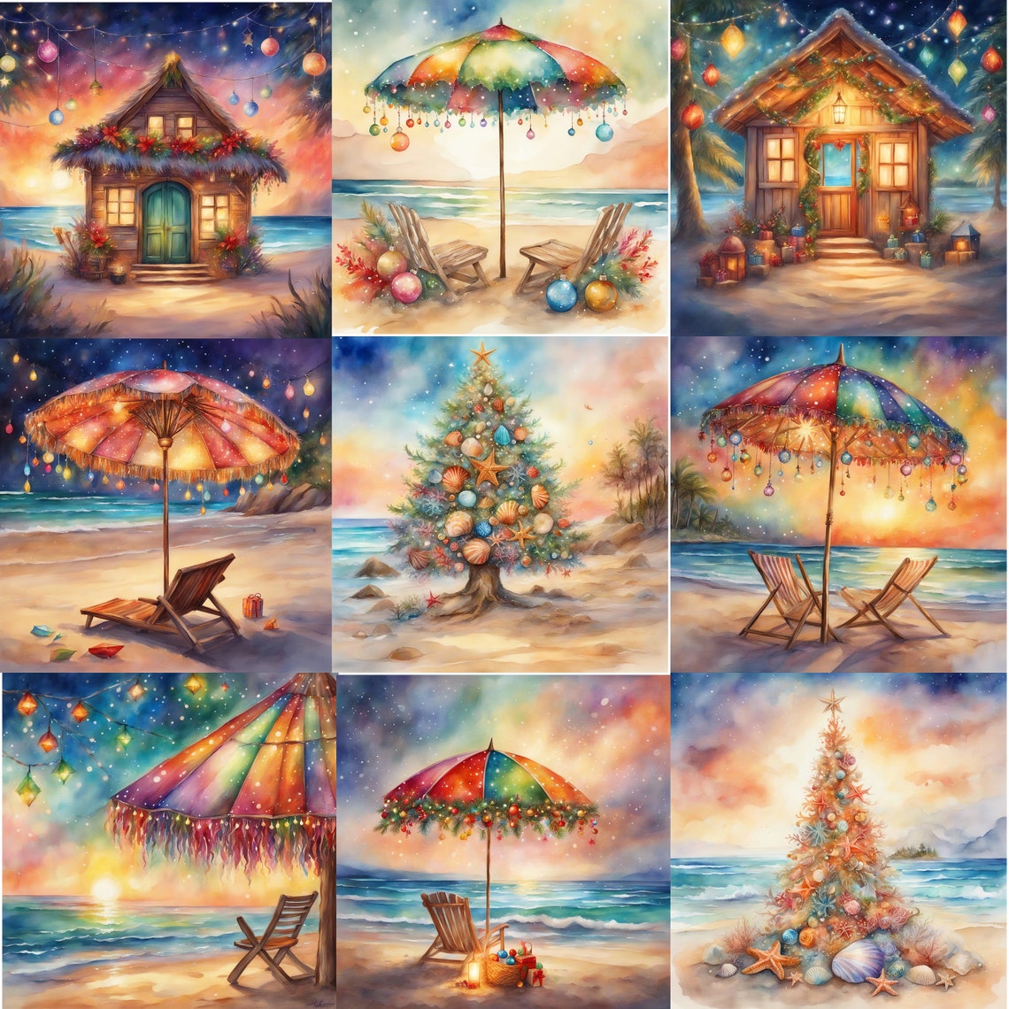 Christmas on the Beach Watercolor Clipart Coastal Christmas Digital ...