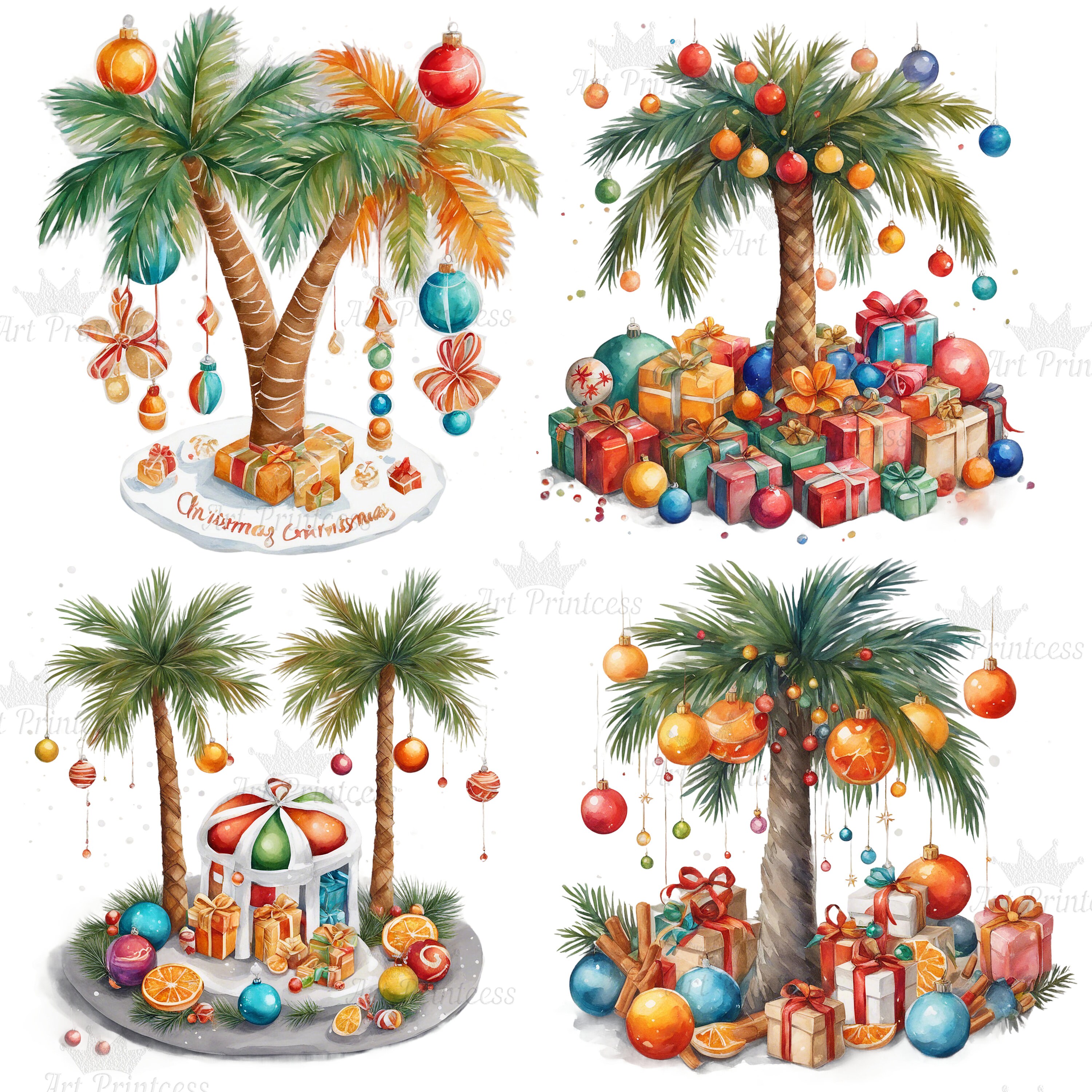 Tropical Christmas Watercolor Palm Tree Clipart PNG Palm Tree Beach ...