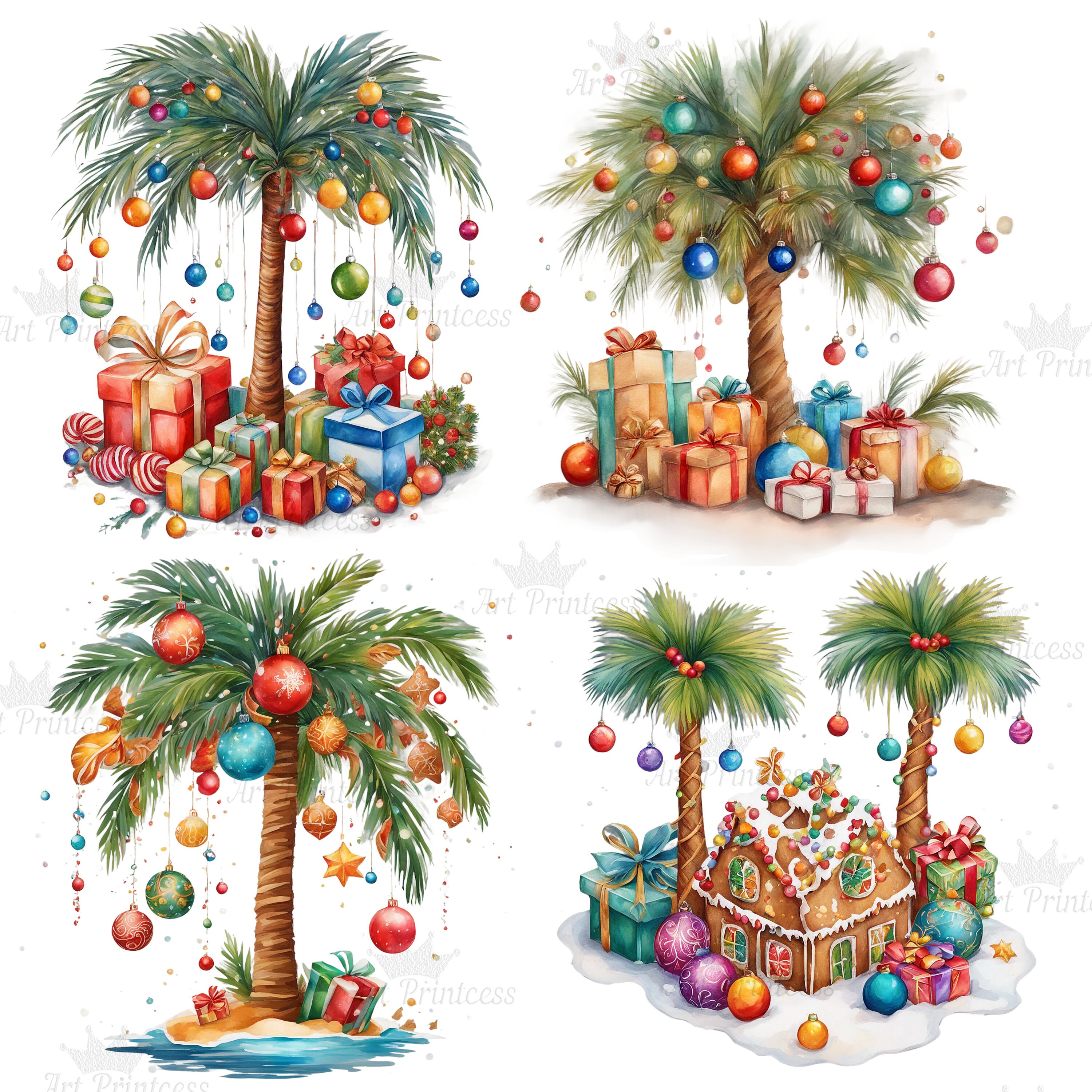 Tropical Christmas Watercolor Palm Tree Clipart PNG Palm Tree Beach ...