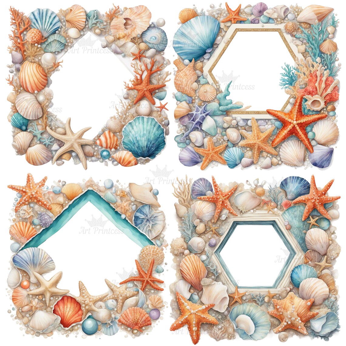Coastal Seashells 50 Watercolor Border Frames PNG Watercolor Tropical ...
