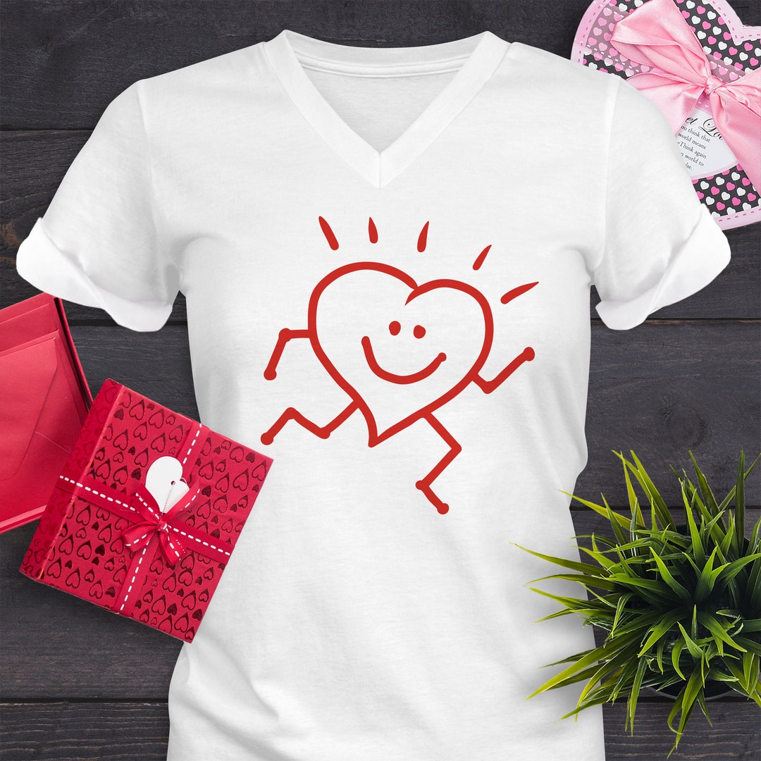 Red Heart Character White or Black V-neck T-shirt, Cartoon Heart Unisex ...