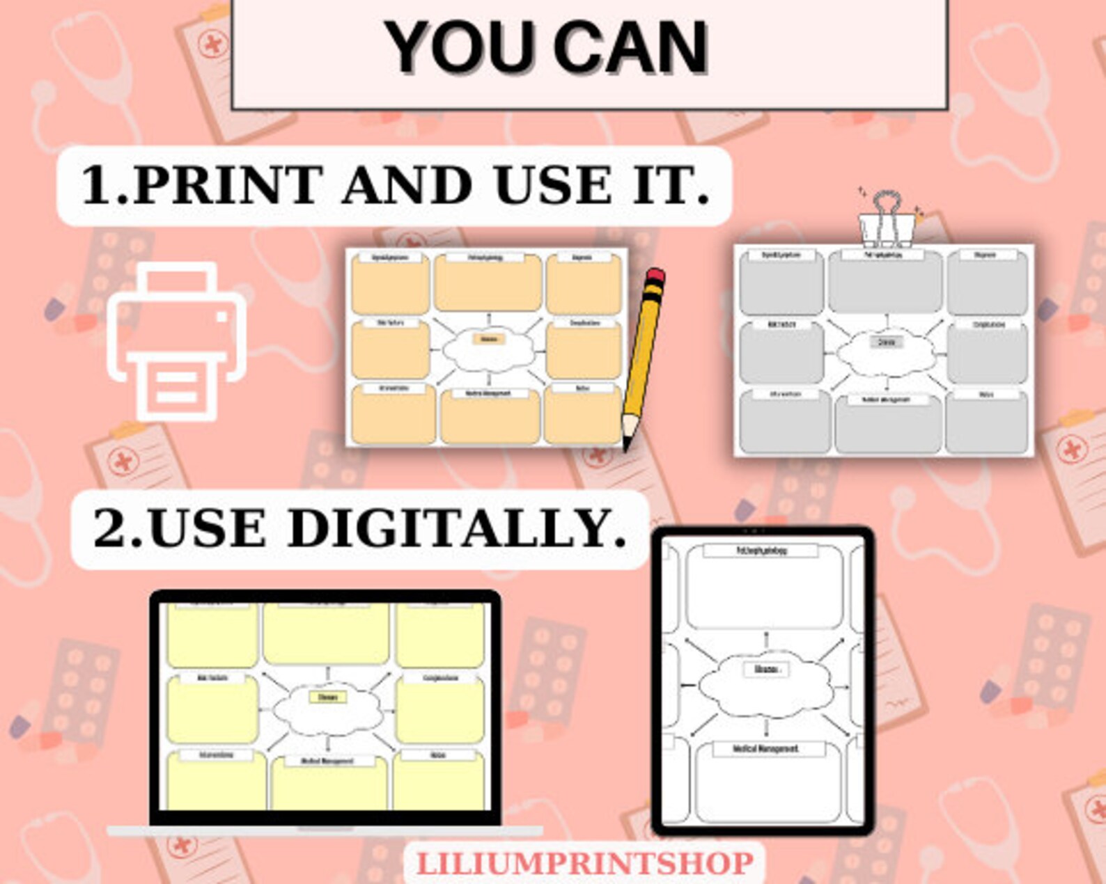 Nursing Concept Map, Nursing Study Template, Nursing Student, 8 Color ...