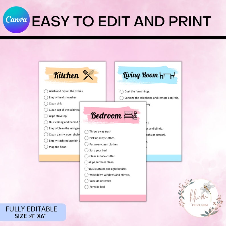 Room Cleaning Cards, EDITABLE, PRINTABLE, House Zones, Chore Checklist ...