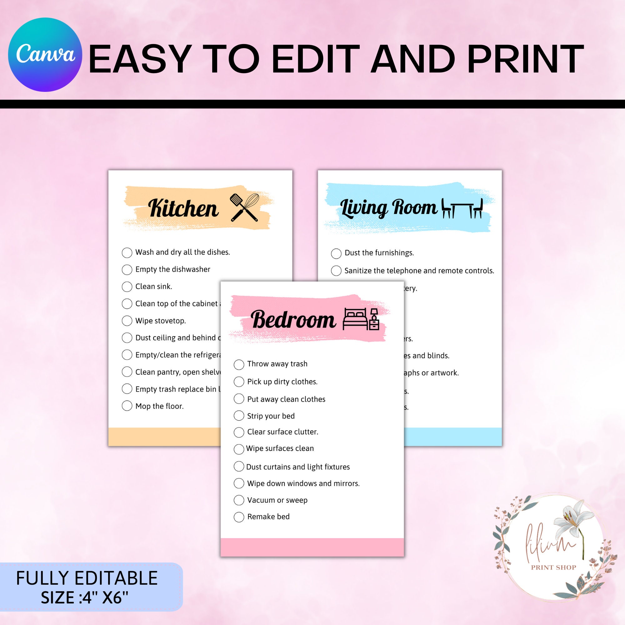 Room Cleaning Cards, EDITABLE, PRINTABLE, House Zones, Chore Checklist ...