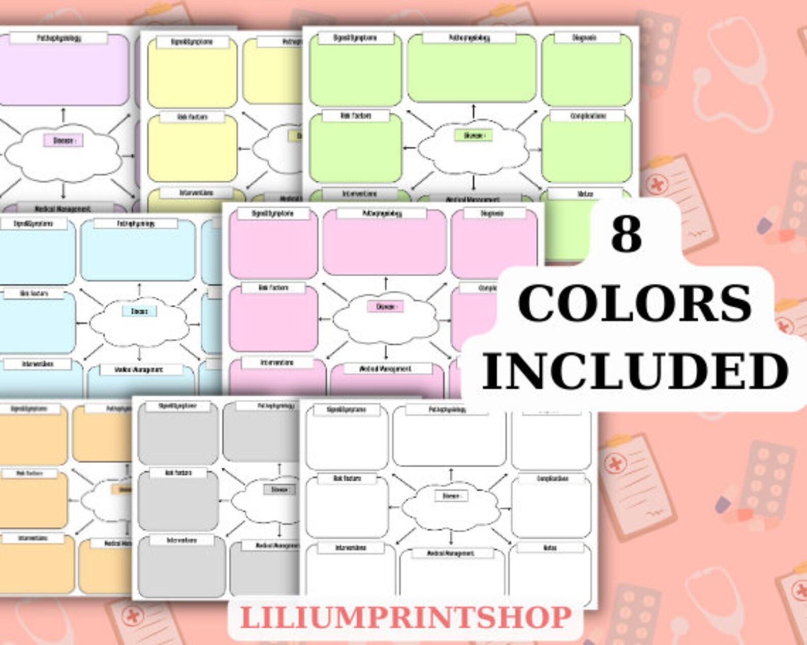 Nursing Concept Map, Nursing Study Template, Nursing Student, 8 Color ...