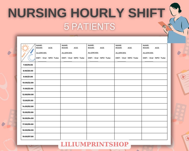 Nurse Hourly to Do, Nurse Shift Planner, 5 Patient Medication, Med Surg ...