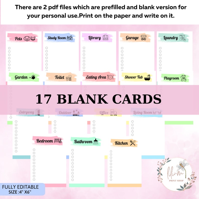 Room Cleaning Cards, EDITABLE, PRINTABLE, House Zones, Chore Checklist ...