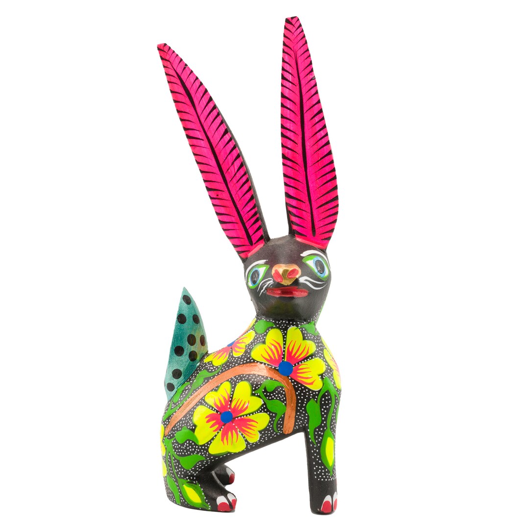 Rabbit Alebrije, Black & Pink Porcupine, Wood Carving, Statement Decor ...