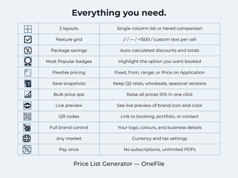 Price List Template | Rate Sheet Generator | Service Menu PDF | Tiered ...