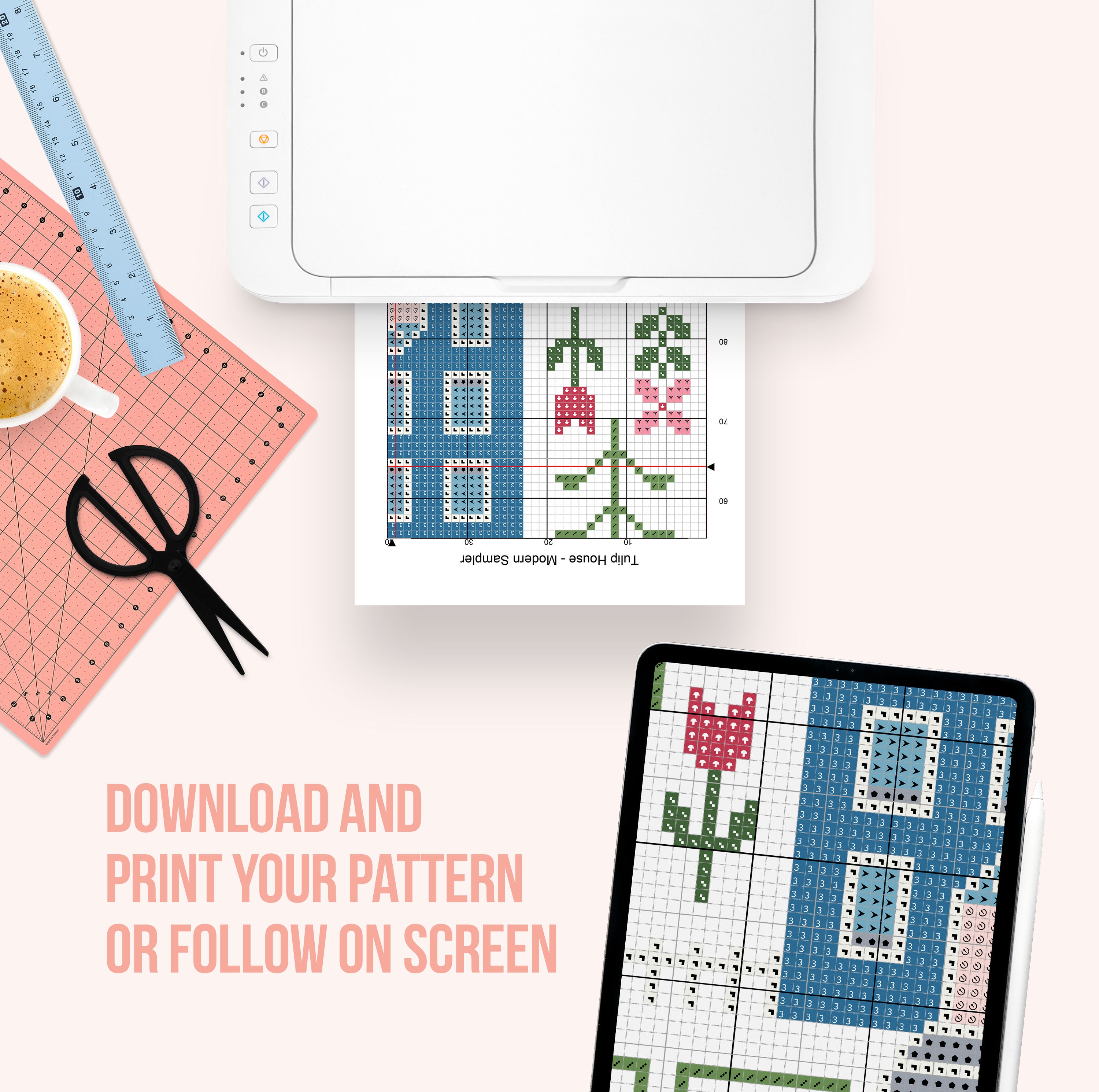 The Tulip House, Modern Cross Stitch Sampler. Instant Download Pattern ...