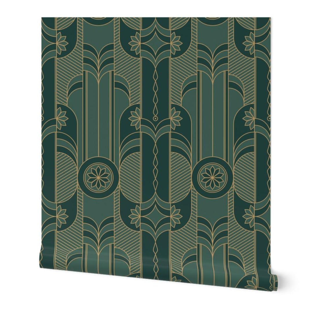 Green Art Deco Peel and Stick Wallpaper, Geometric Designs, 1920s ...