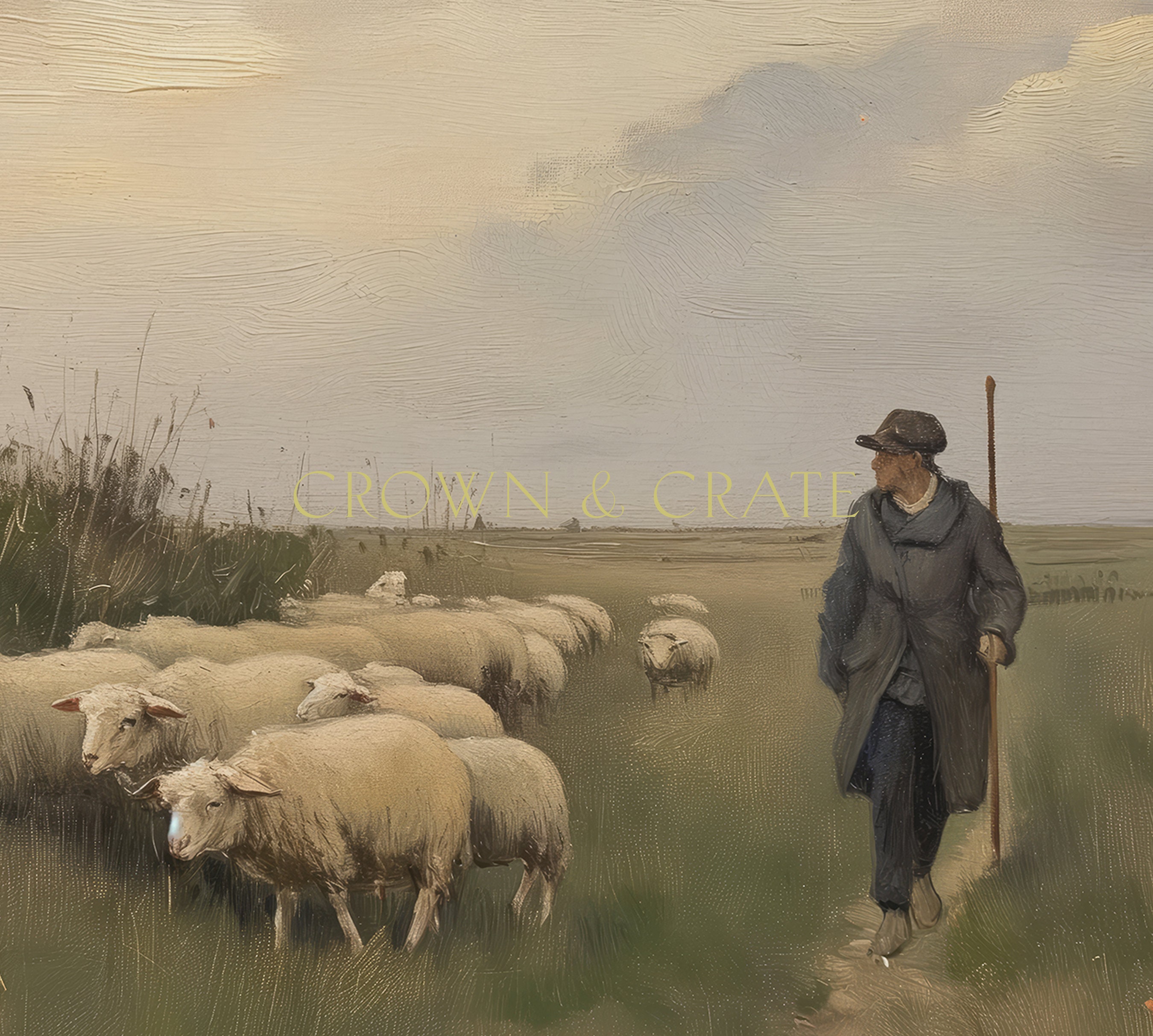 Shepherd and Sheep Painting Wall Art Farm Painting Vintage Aesthetic ...