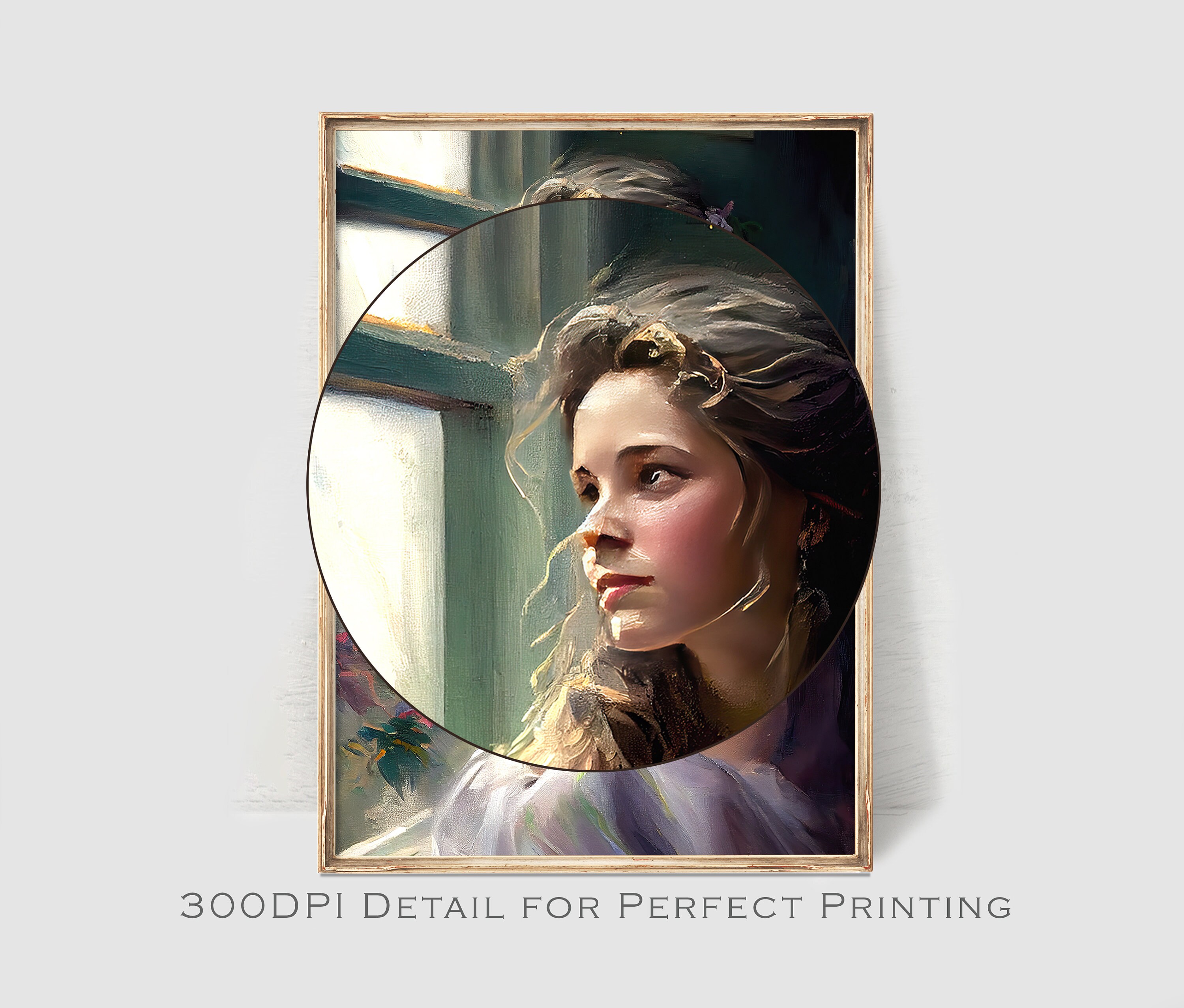 Female Portrait Oil Painting Woman in Window Print Floral Cottage ...