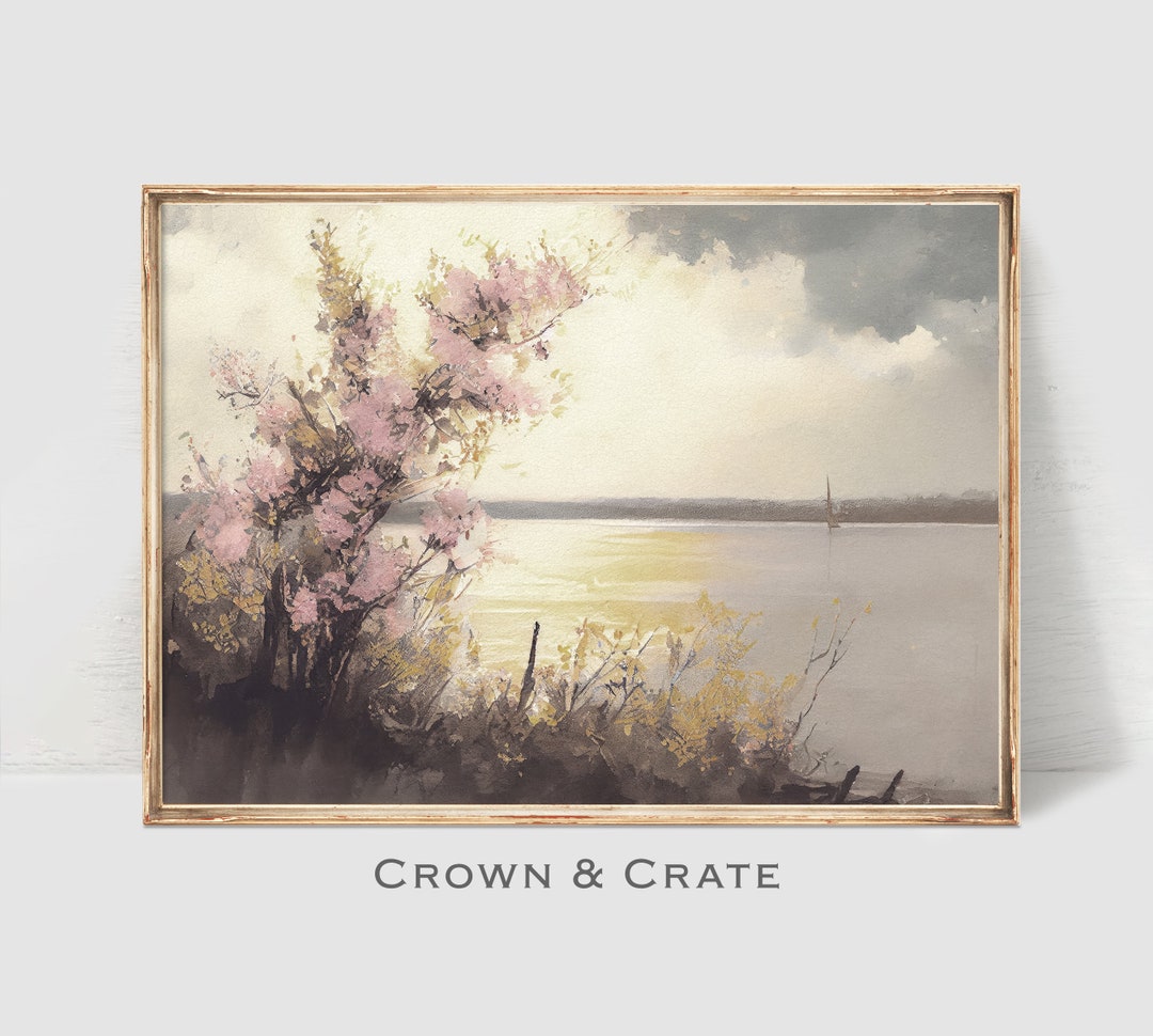Springtime Promenade Flowers and Lake Watercolor Painting Vintage Style ...
