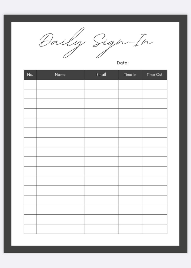 Daily Sign in Sheet - Office Sign in Sheet / Instant Download / PDF ...