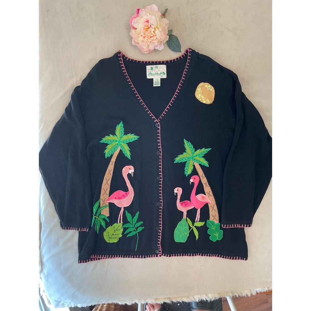Vintage Quacker Factory Black Cardigan With Flamingo Embroidery ...
